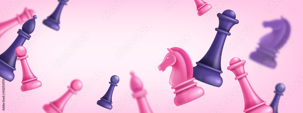 3D chess pink game background, vector tournament announcement banner ...