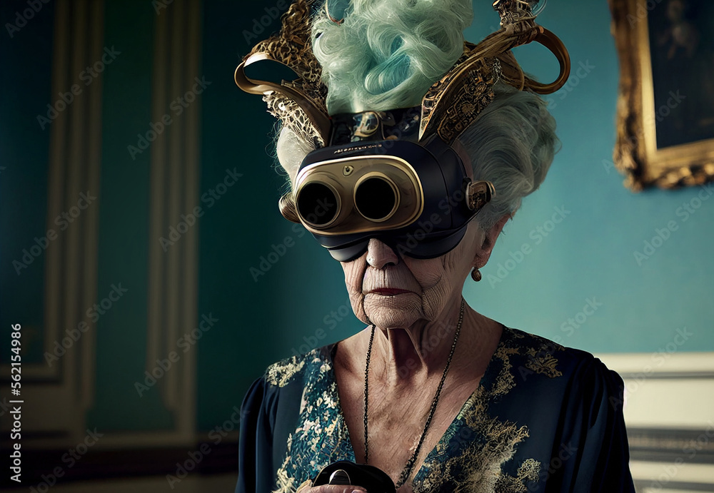Generative AI senior classy elderly woman experiencing virtual reality ...