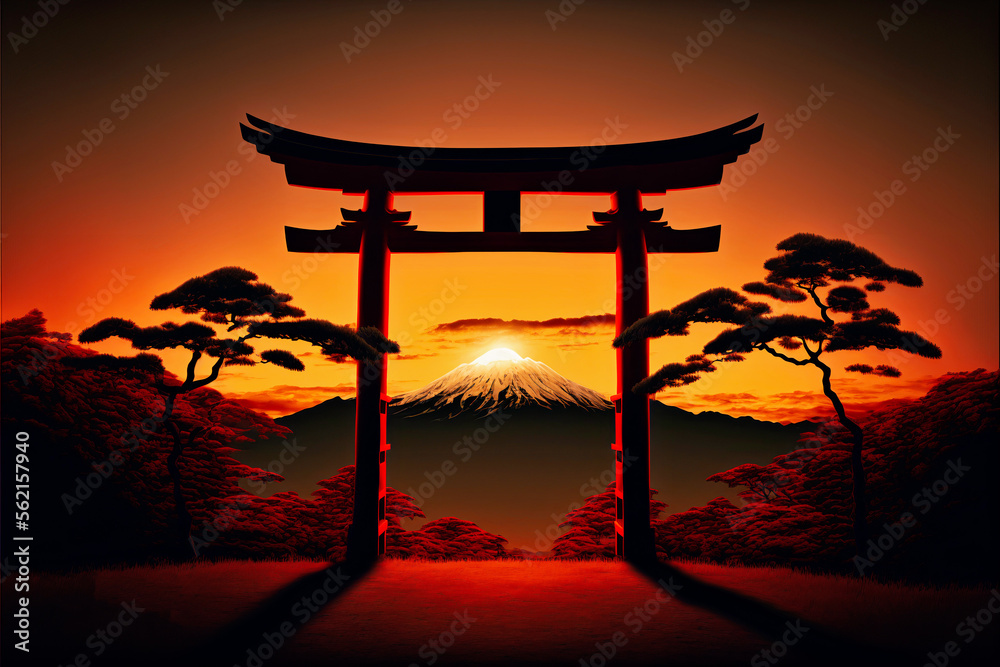The stunning of Mount Fuji and a traditional torii gate against the golden hour sky Stock ...