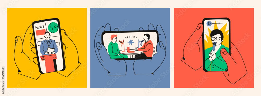 Hands holding a smartphone. People with microphone on screen. Podcast ...