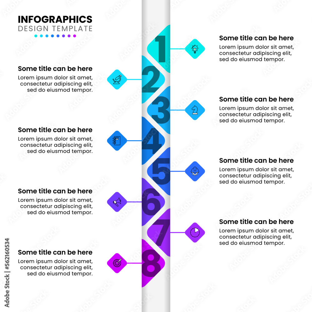 Infographic template. Vertical line with 8 squares and icons Stock ...