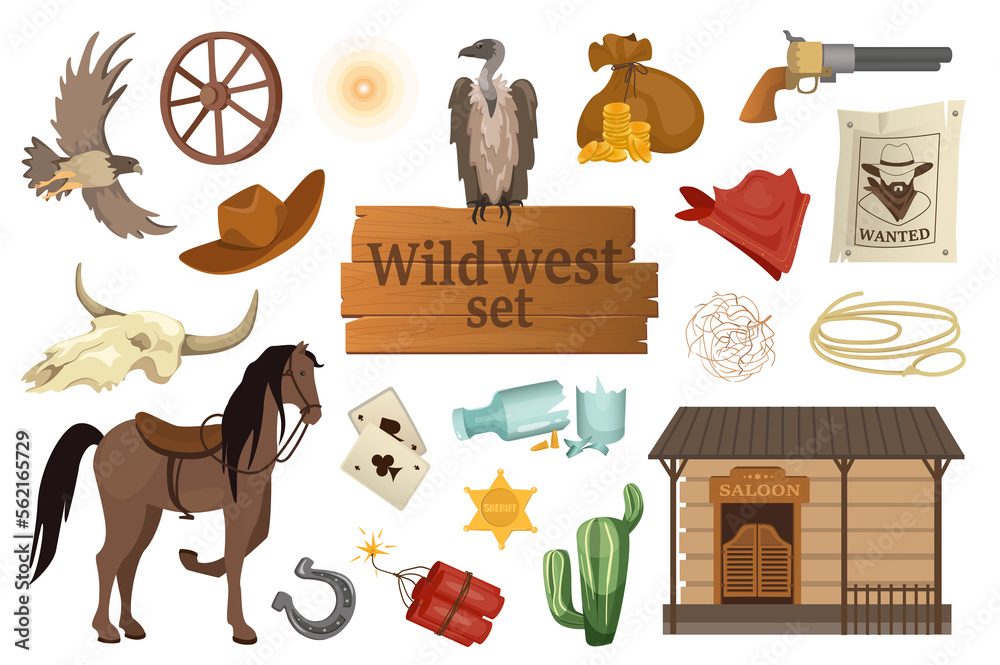 Wild West isolated elements set in flat design. Bundle of eagle, wooden ...