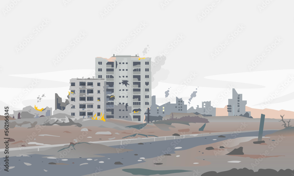 Destroyed city concept landscape background illustration, building ...