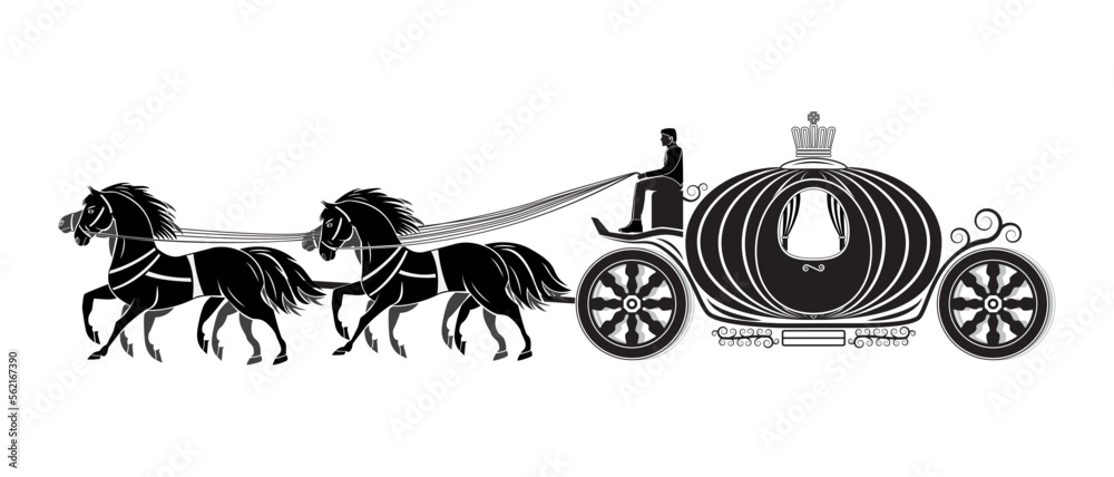 Four wheeled Pumpkin carriage - Coach with four horses drawing in black ...