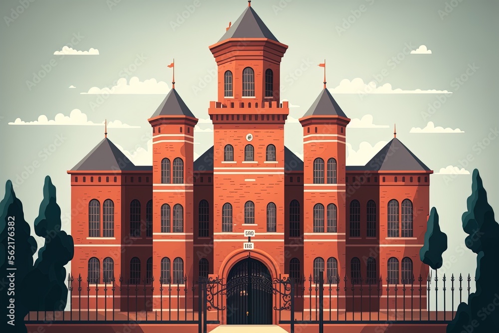 fence, red brick walls, watchtowers, and grating on windows define a ...