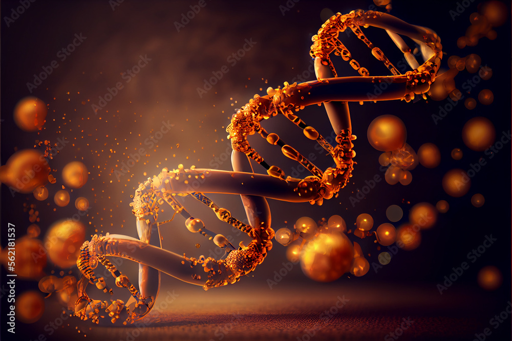 Beautiful golden DNA molecule with yellow light symbol icons on a blue ...
