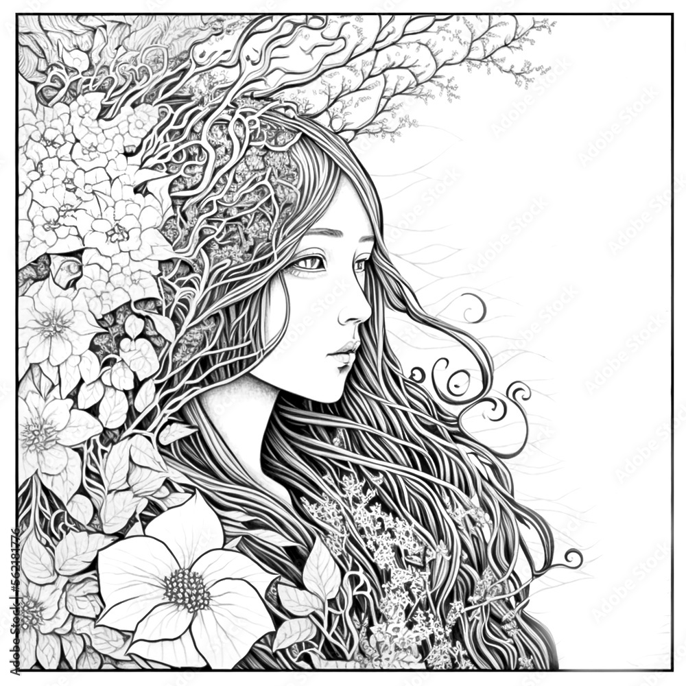 Outline digital drawing, woman face, printable line art, coloring page ...