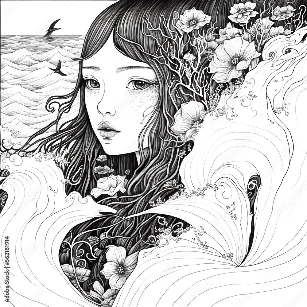 Face of young woman, outline digital illustration, coloring page ...