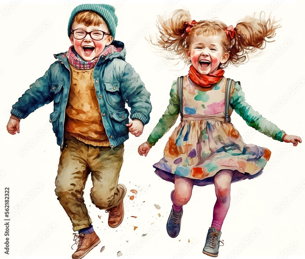 Digital watercolor painting, cute boy and girl, happy kids jumping ...