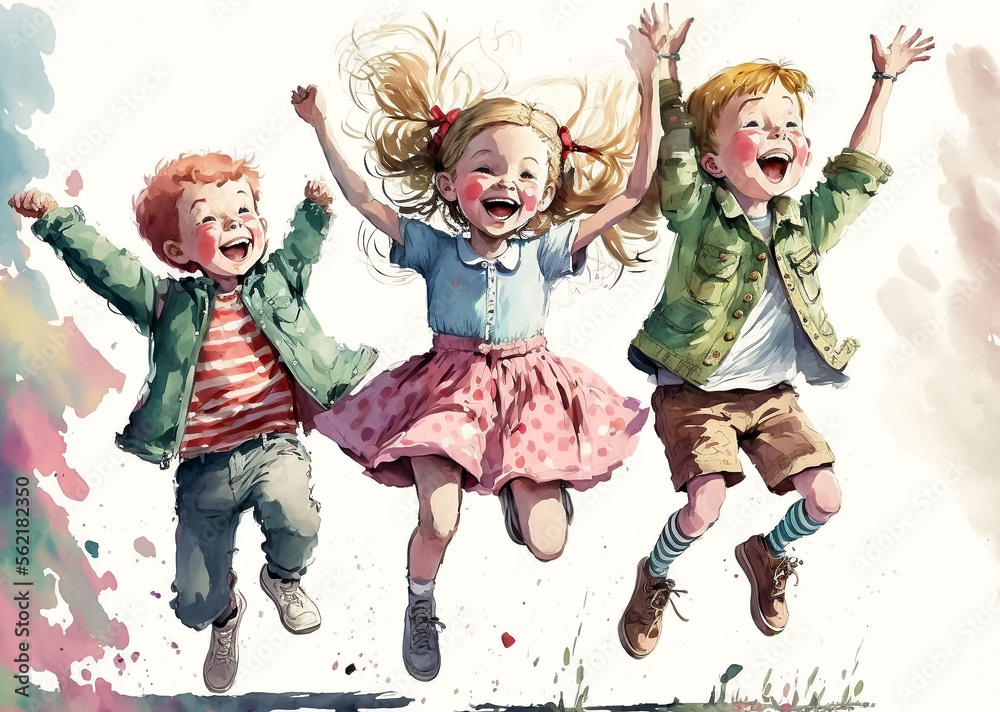 Three happy kids playing outdors, funny children jumping in puddles ...