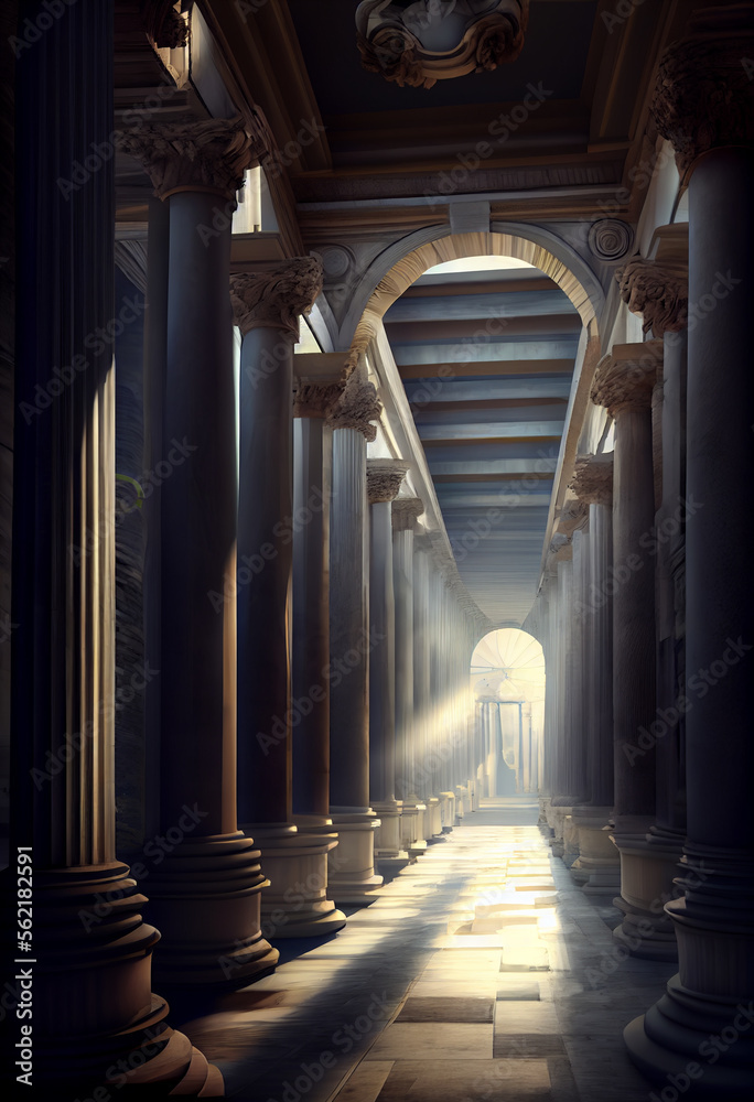 Gorgeous Graeco-Roman corridor with columns and a glowing heavenly ...