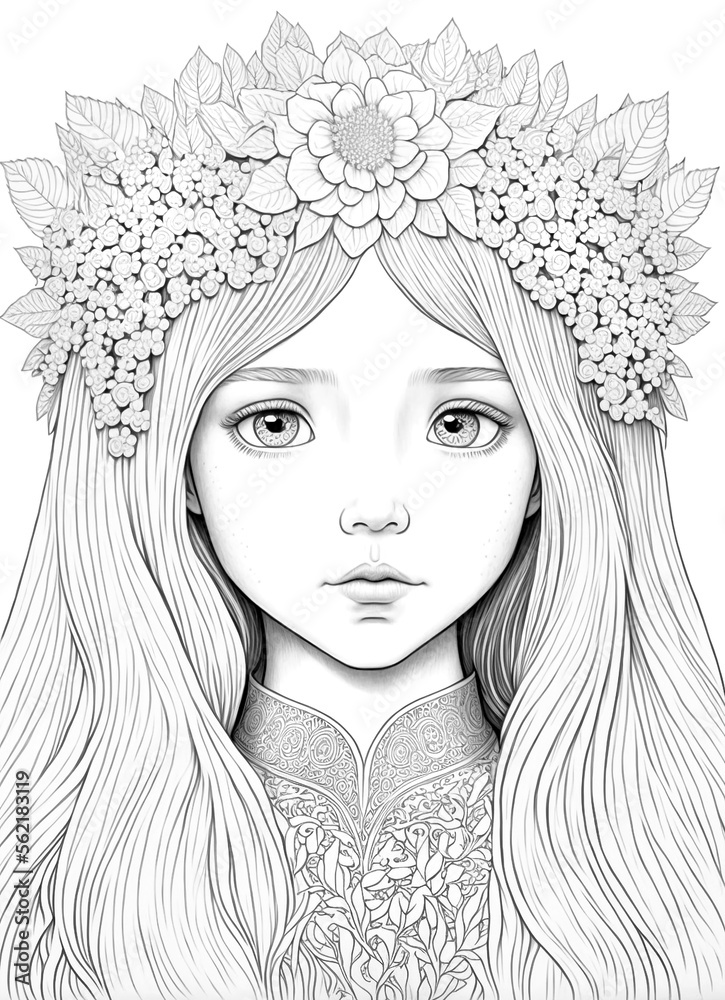 Graphic portrait of a young princess, outline pencil drawing, line art ...
