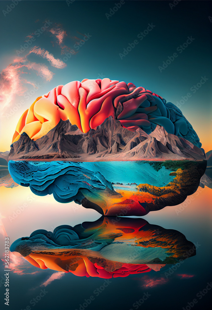 Beautiful abstract surreal brain landscape mountain space collage ...