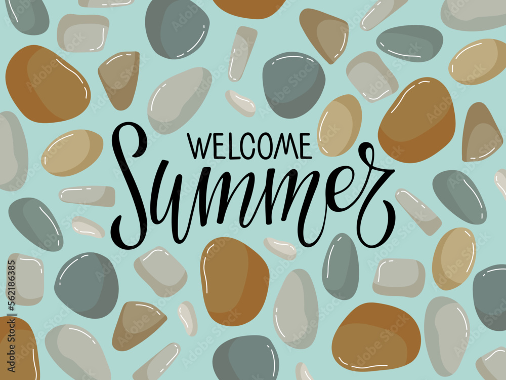 Welcome Summer lettering on Beach pebbles Seamless background. Vector ...