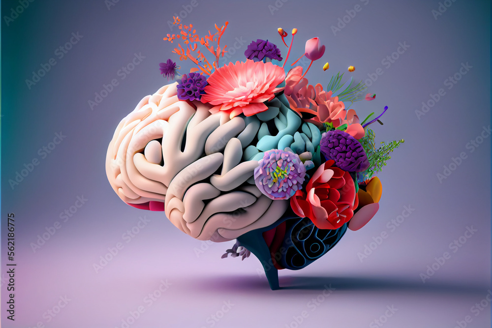 Beautiful abstract brain with flowers concept, contemporary colors and ...