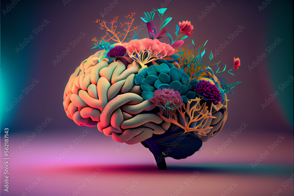 Beautiful abstract brain with flowers concept, contemporary colors and ...