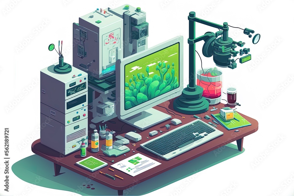 Isolated: contemporary scientific laboratory setup, with microscope ...