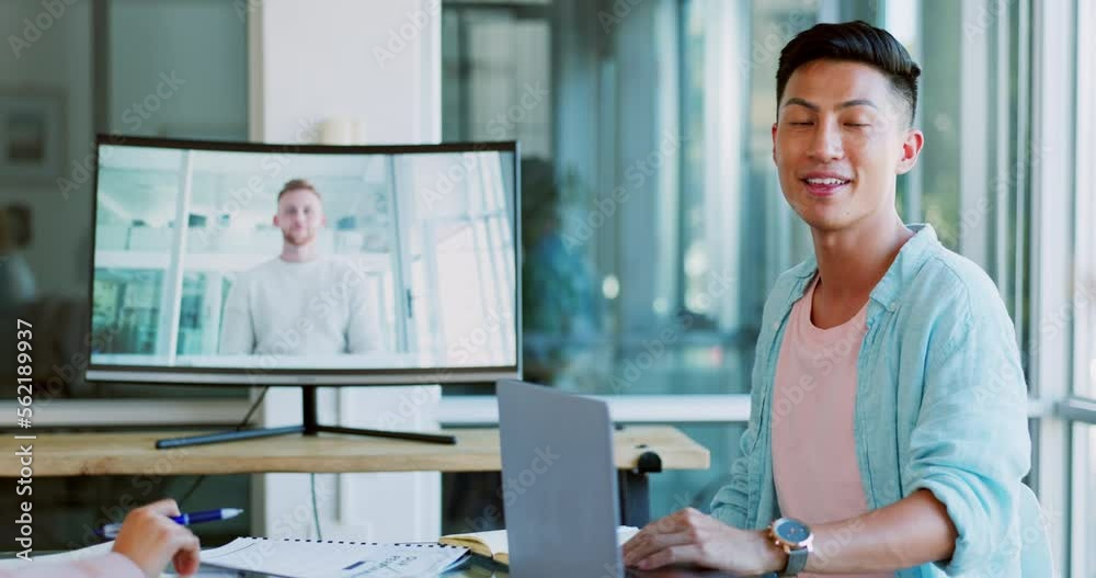 Webinar, computer and team in a meeting in the office planning a ...