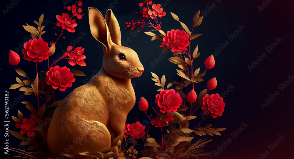 Chinese new year 2023 year of the rabbit. Gold bunny rabbit with red ...