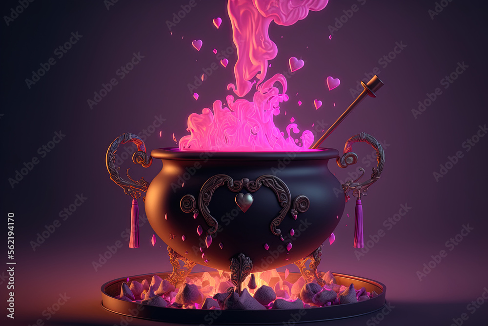 love potion simmering in a cauldron. cloud of pink love and enchanted ...