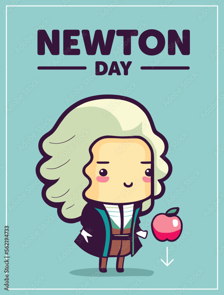 Web banner for Newton day on January 4. Kawaii style. Education idea ...