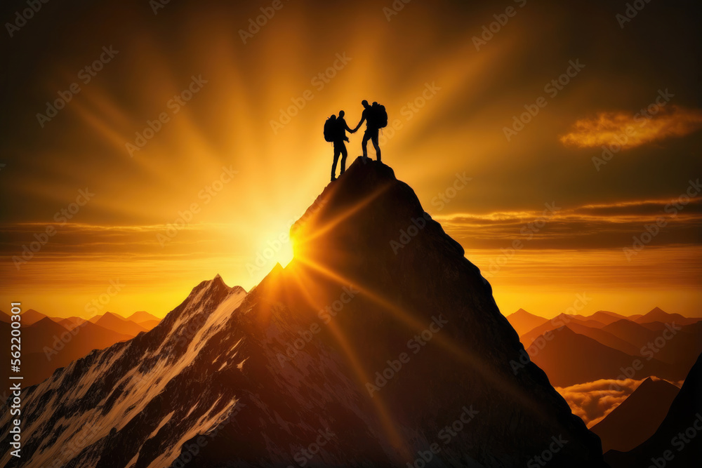two person on top of mountain peak. goal, success and teamwork concepts ...