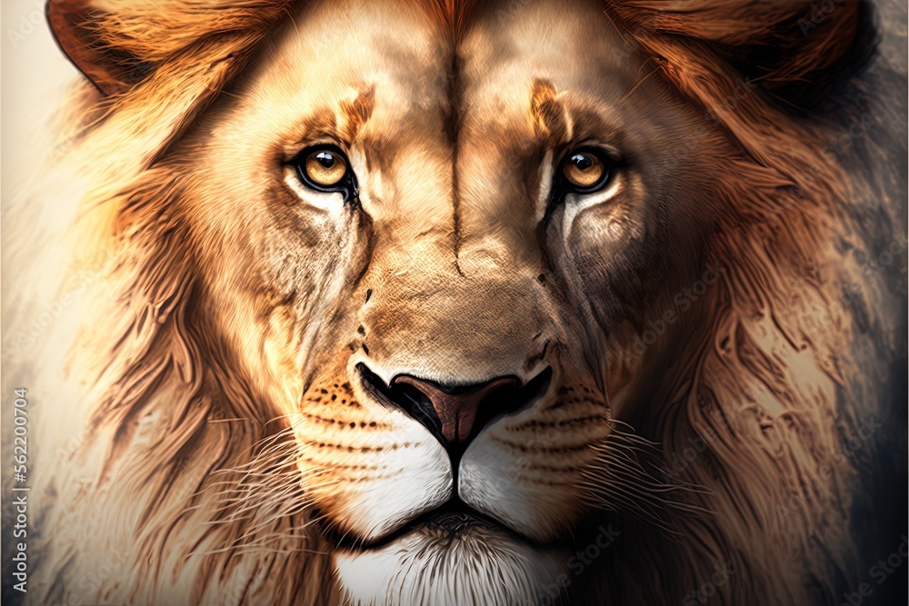 Lion face standing still with imposing pose. AI digital illustration ...