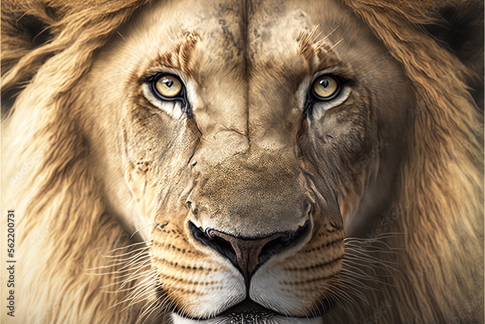 Lion face standing still with imposing pose. AI digital illustration ...