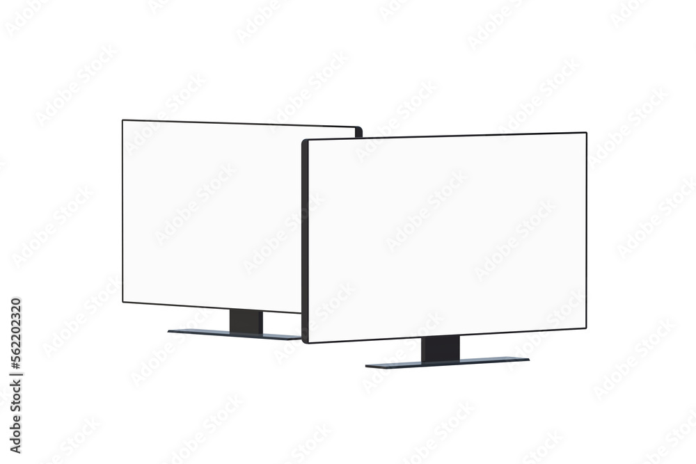 Two flat wide TV with white screen isolated on white background. 4k ...