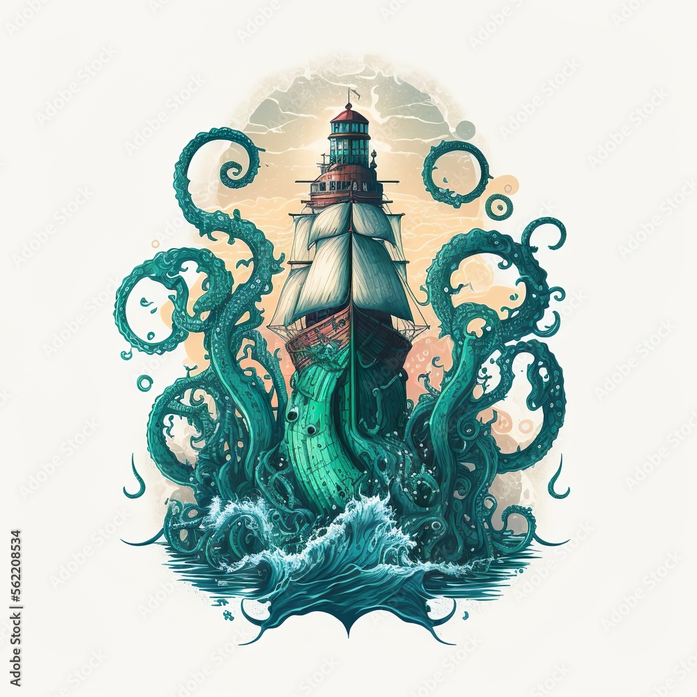 Nautical sailor deep sea giant octopus and tentacles logo with ship and ...