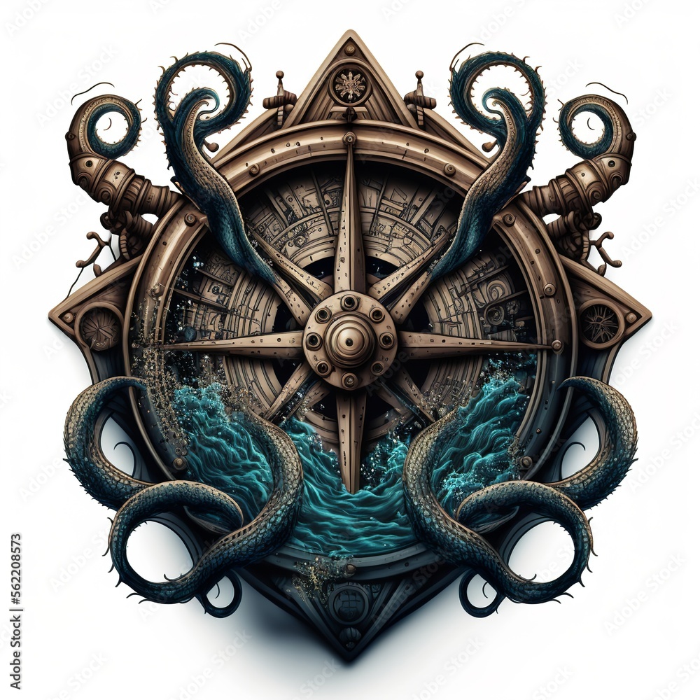 Nautical sailor deep sea logo with ship and steering wheel isolated ...