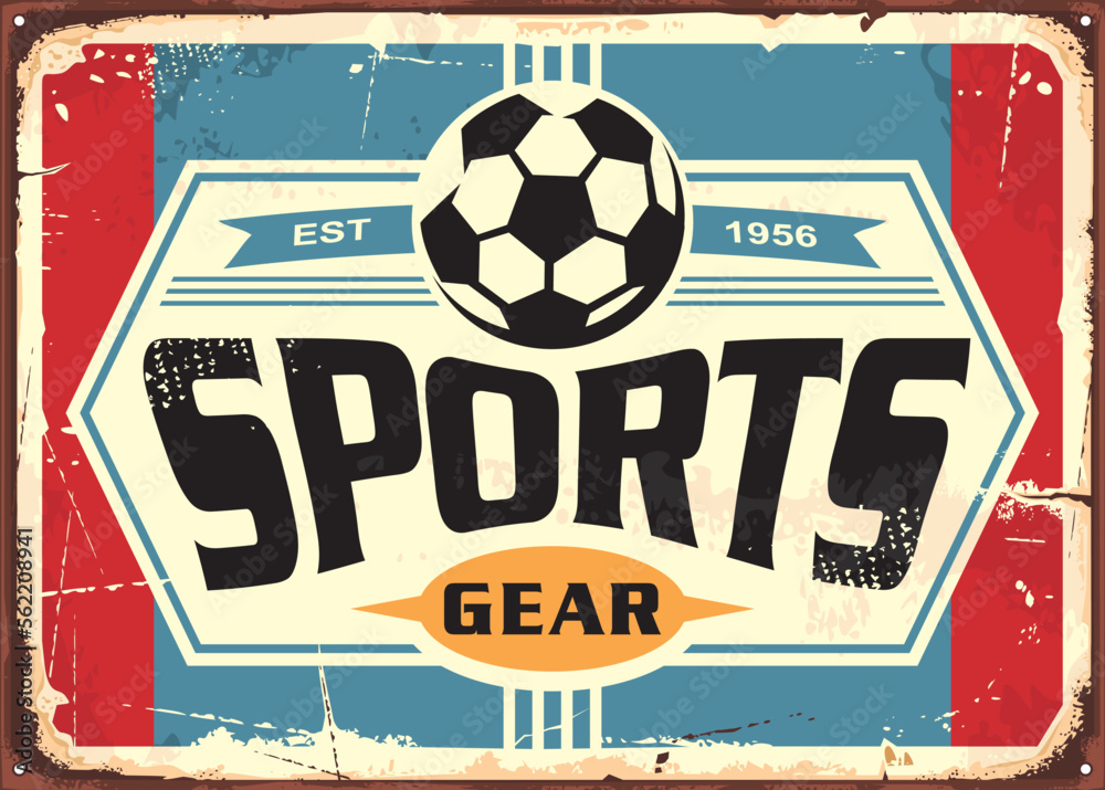 Retro store sign for sports gear and accessories with football ball and ...