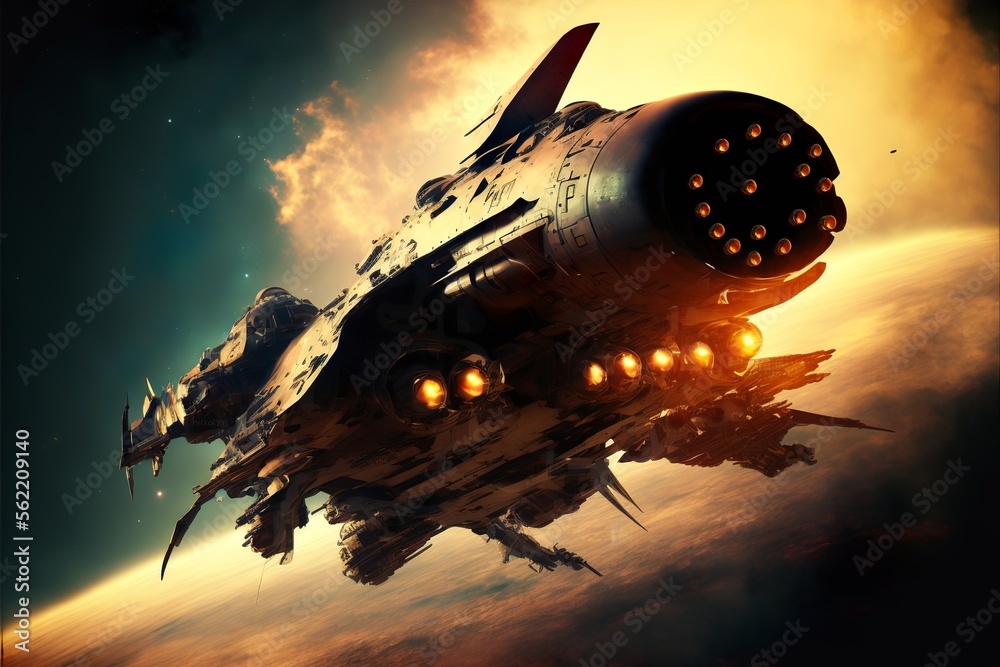 Sci-fi spaceship with interstellar ftl engines in the gravity of a ...