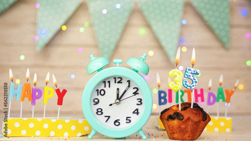 Happy birthday greeting card with muffin pie and retro clock on clock ...