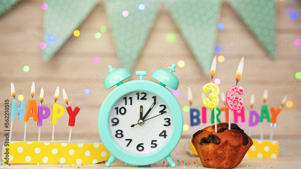 Happy birthday greeting card with muffin pie and retro clock on clock ...
