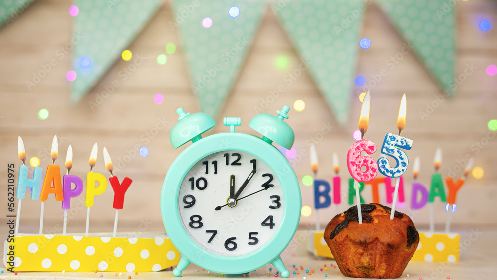 Happy birthday greeting card with muffin pie and retro clock on clock ...