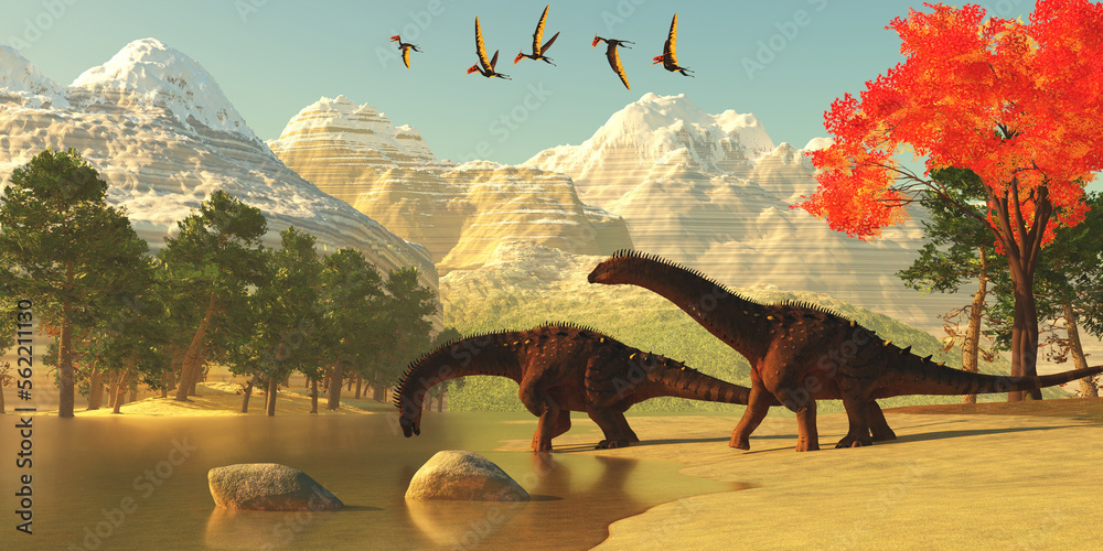 Alamosaurus Dinosaur Autumn - A flock of Dsungaripterus Pterosaurs fly ...