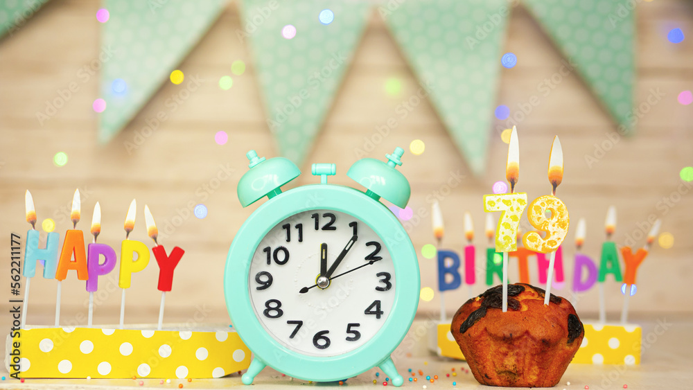 Happy birthday greeting card with muffin pie and retro clock on clock ...