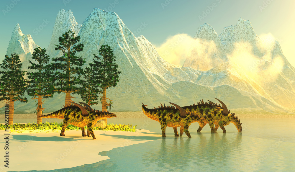 Gigantspinosaurus Morning Drink - A herd of armored Gigantspinosaurus ...