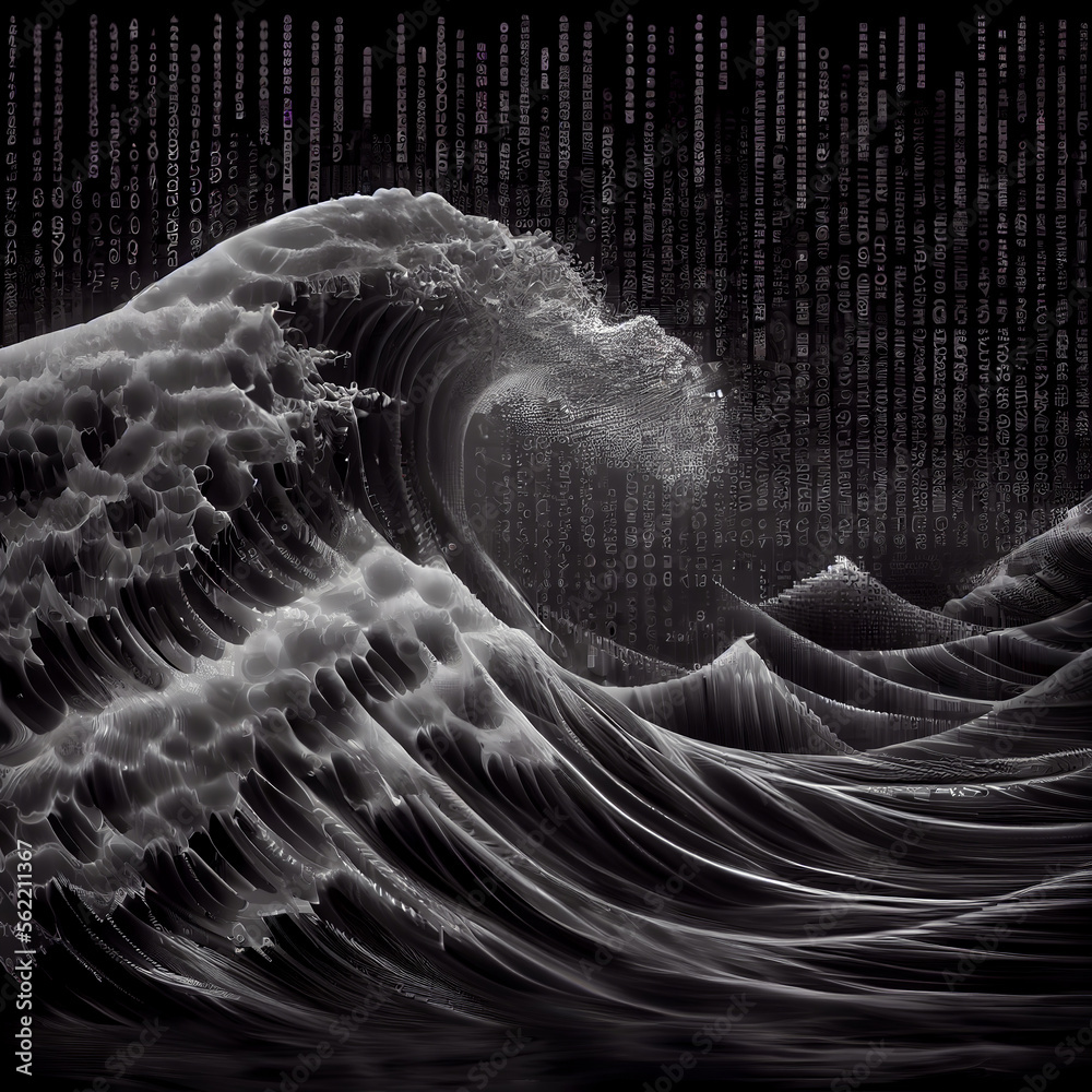Information tsunami. Big data visualization. Waves in a digital binary code structure. Abstract ...