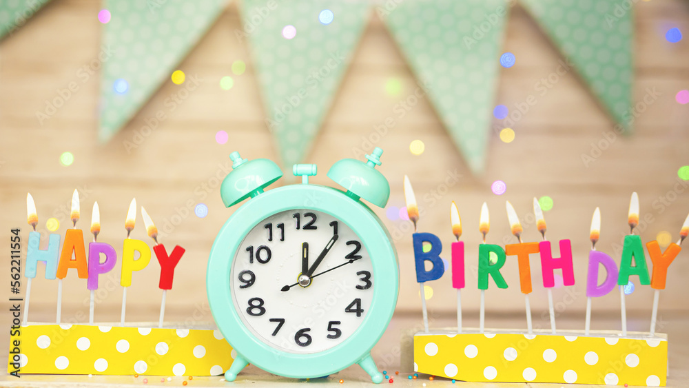 Happy birthday greeting card with muffin pie and retro clock on clock ...