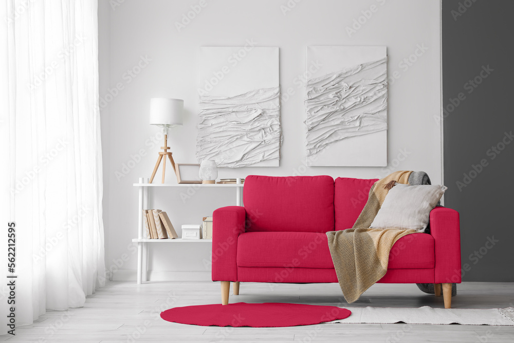 Interior of light living room with viva magenta sofa and carpet Stock ...