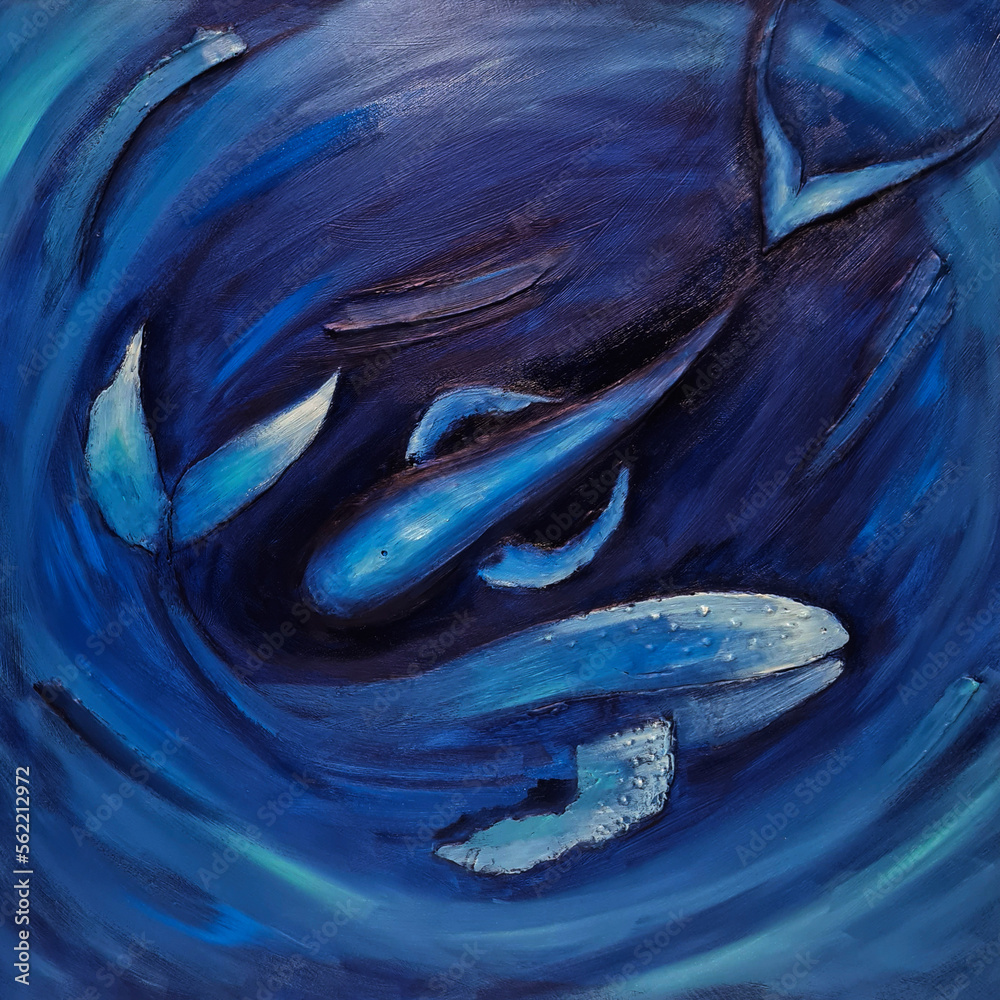 whales, blue whale underwater oil painting.a big fish in the whirlpool ...