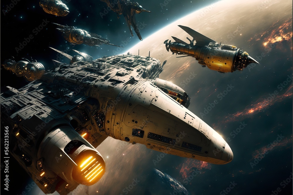 Spaceship fleet in space battle on colonization of distant alien planet ...