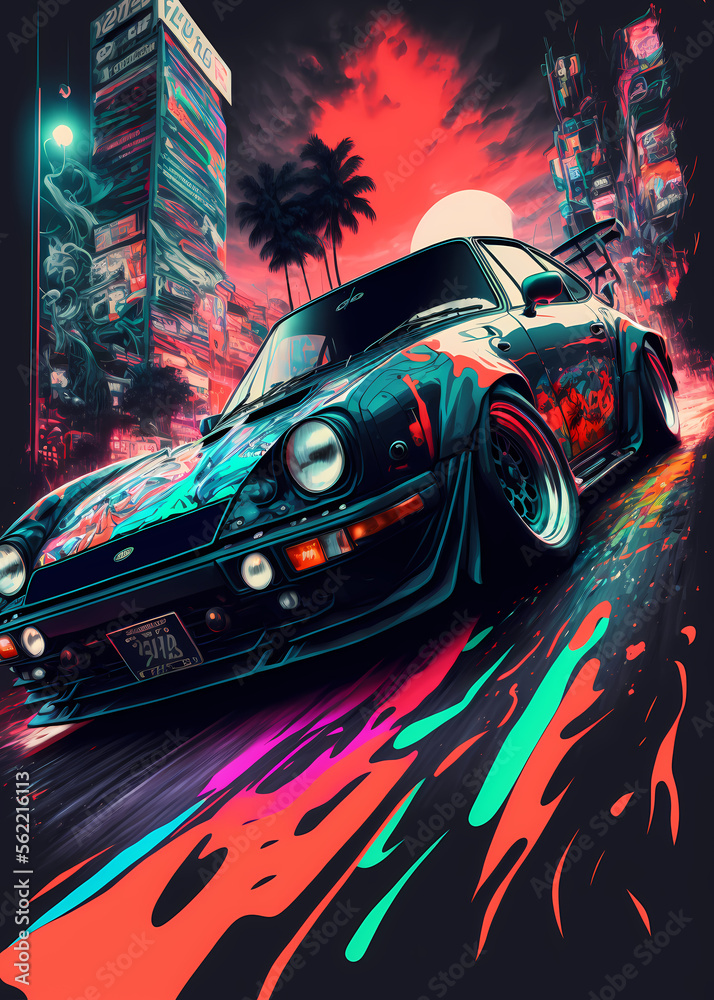 Wanted JDM Sports car in a colorful-retro hot pursuit, digital art ...