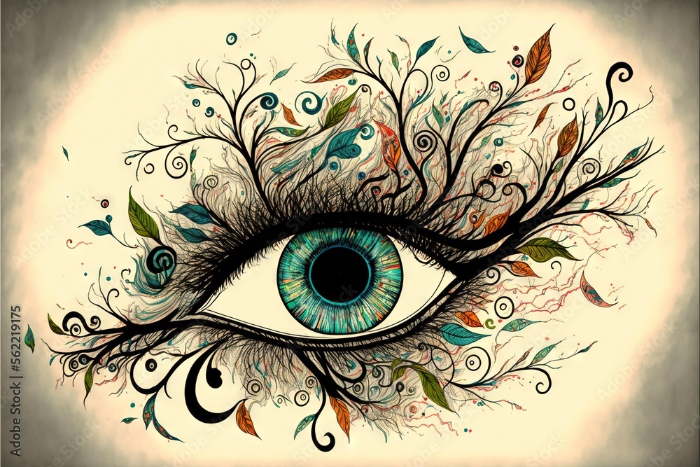 a drawing of an eye with a tree branch in the center of it and leaves ...