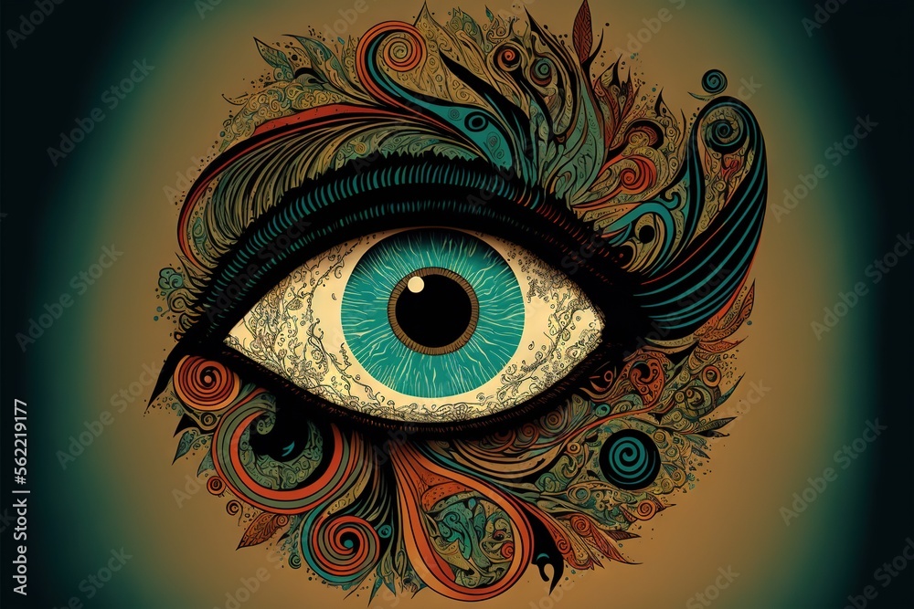 a drawing of an eye with a peacock feather on it's side and a swirly ...