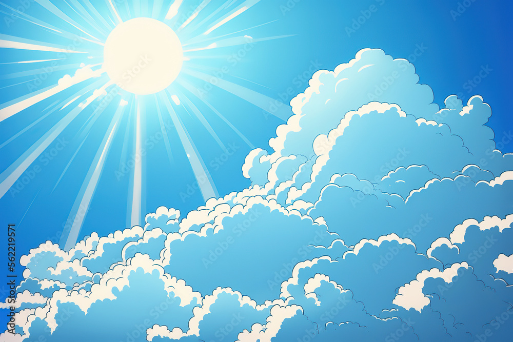 Blue sky with clouds. Anime style background with shining sun and white ...