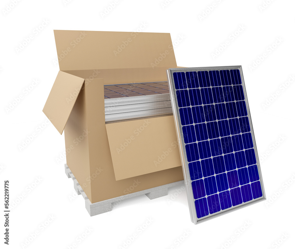 Solar panels in shipping box 3d realistic render Stock Illustration ...