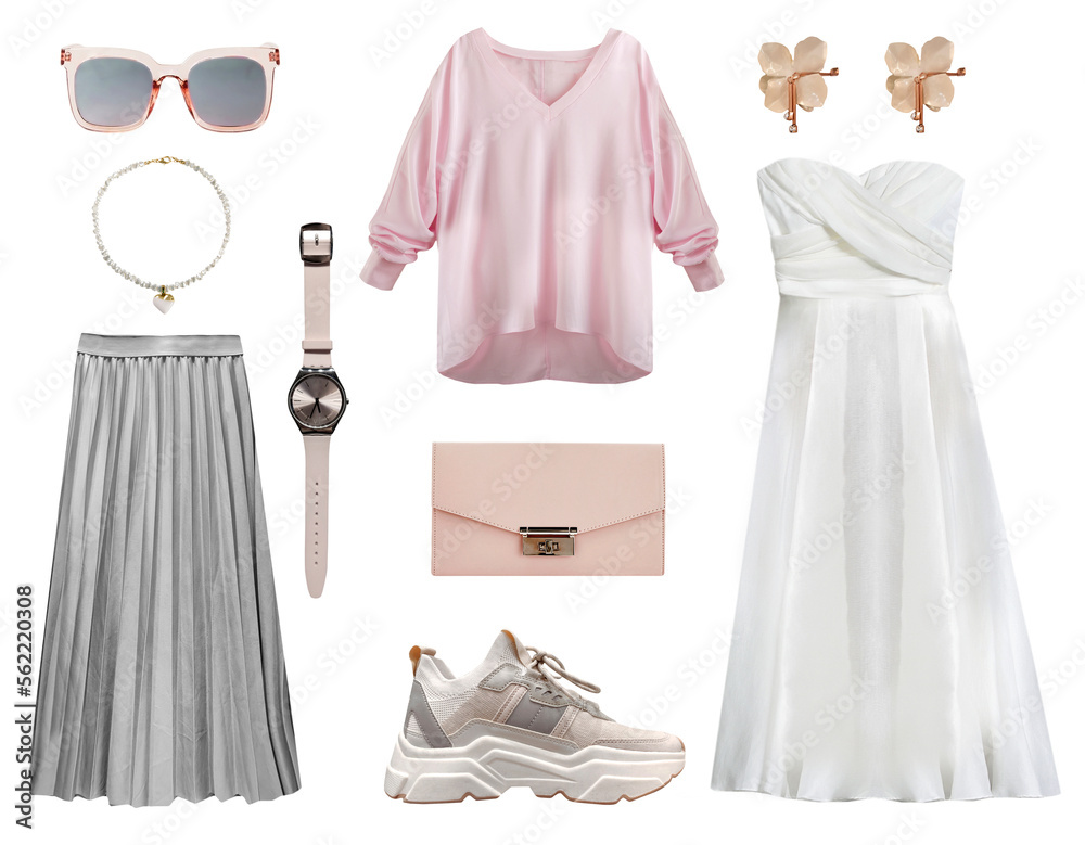 Foto de Beautiful feminine clothes set isolated on white. Pink grey ...